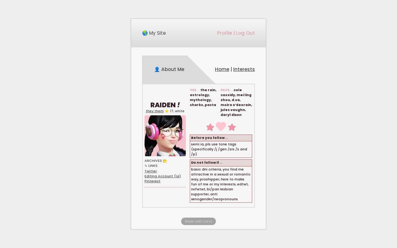 interactive profile carrd for raiden